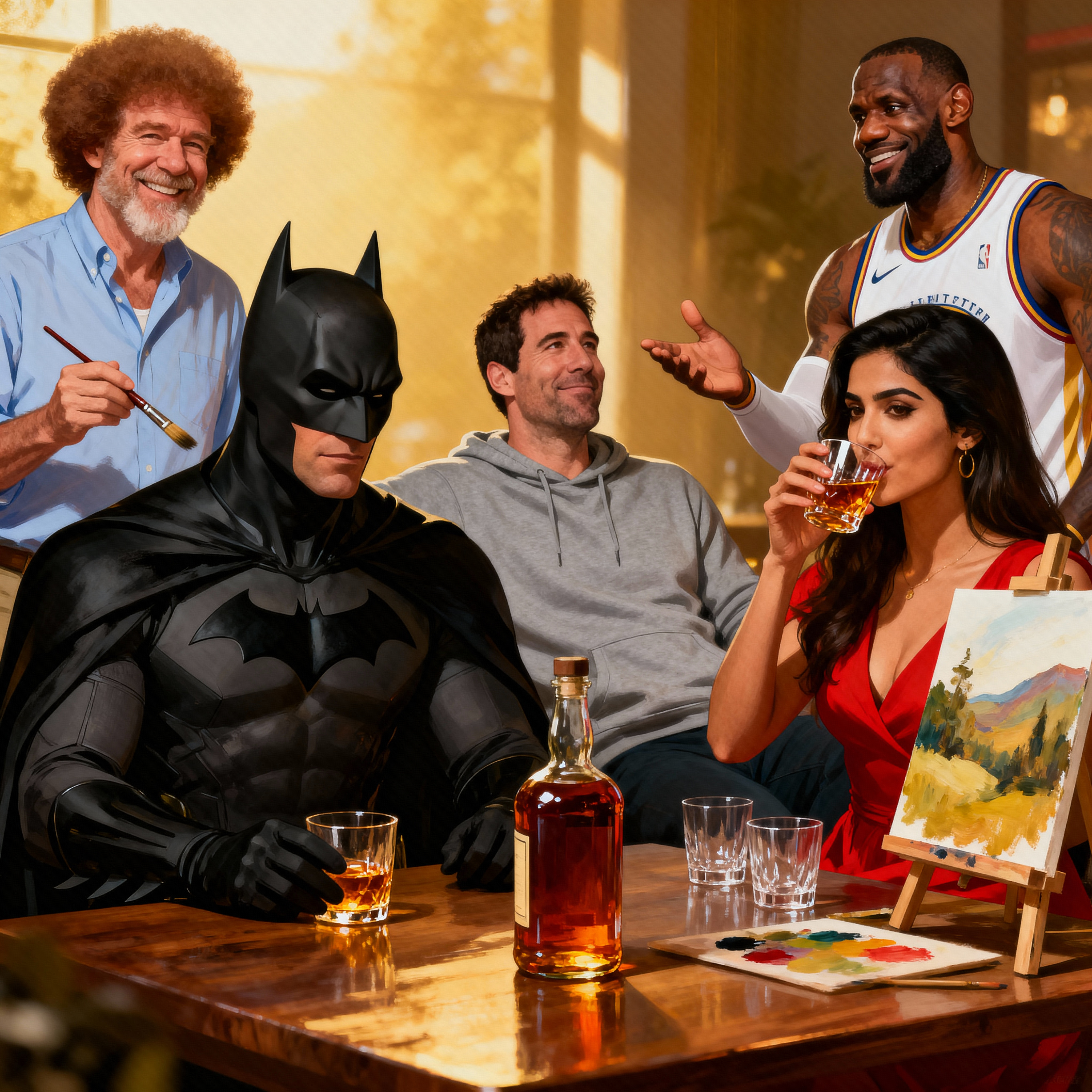 Batman drinking whiskey with Bob Ross, Adam Sandler,...