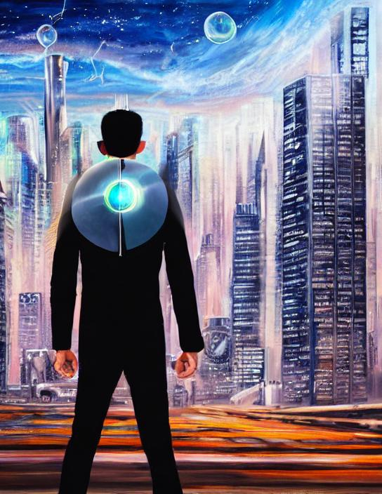 A photorealistic painting of a time traveler standin... | OpenArt