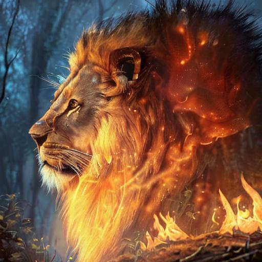 Lion, royal crown, beautiful fire mage in a magical... | OpenArt