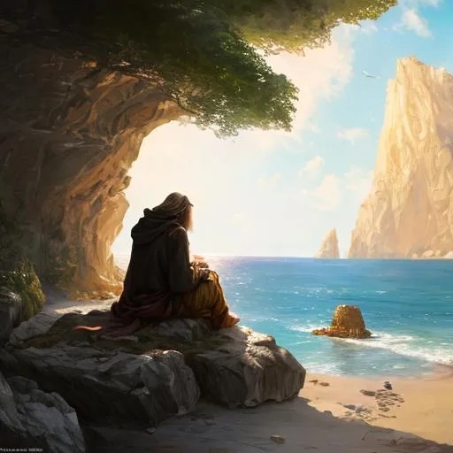 a hermit sat on a rock by the sea, fantasy art, fant...