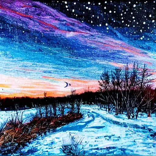 A starry night, with lots of color, on a winter even...