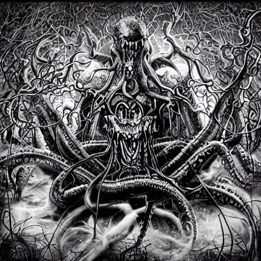 deathcore album cover with tentichal monster