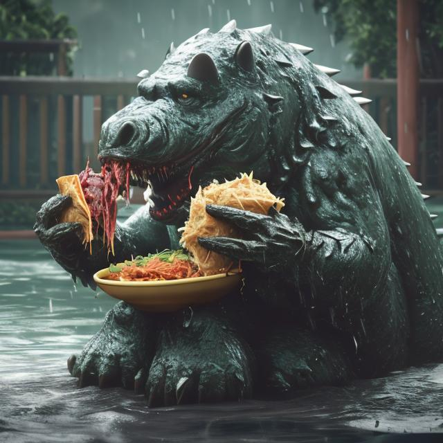 scary wet monster eating food sitting on the fat man...
