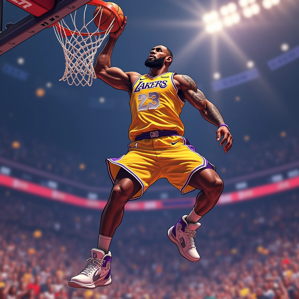 lebron james as an anime character dunking, lakers p...