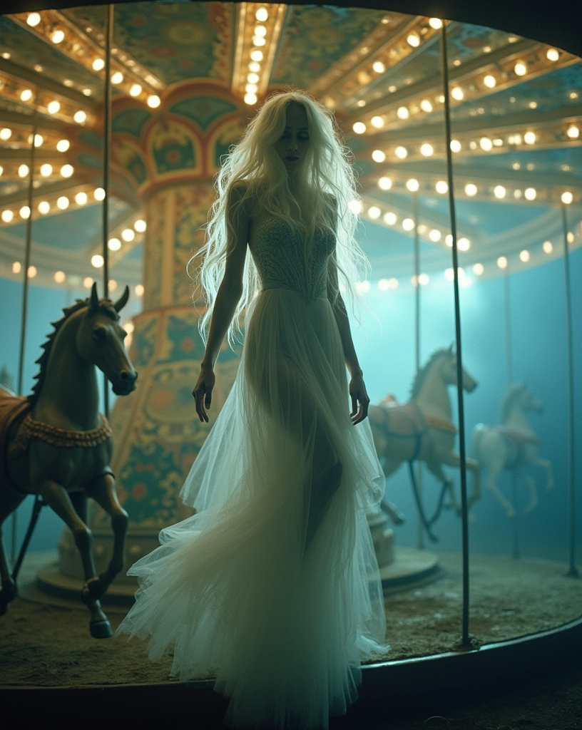 Female specter, ethereal, floating above an overgrow...