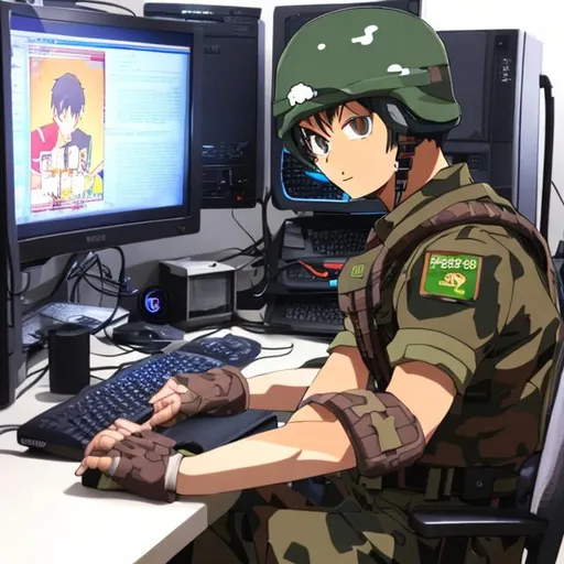 A commando sitting in front of the computer and typi...