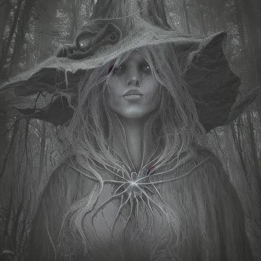 witch with alien geometry head, dark forest, misty,... | OpenArt