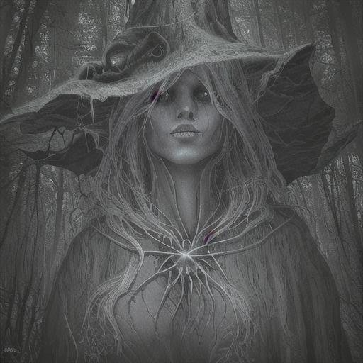 witch with alien geometry head, dark forest, misty,... | OpenArt
