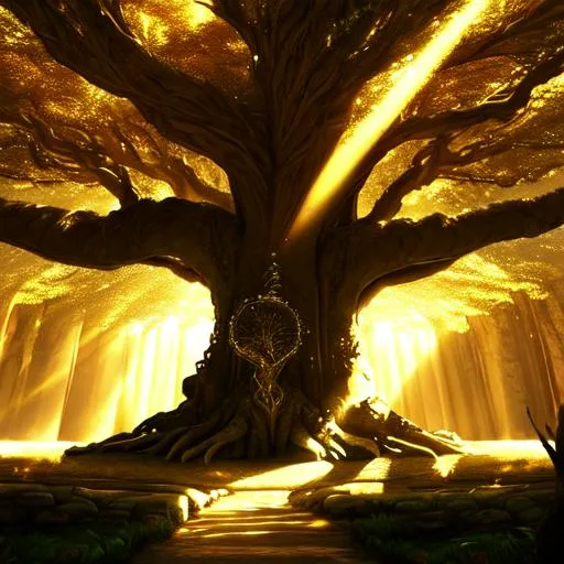 Huge tree of life, golden light, fantasy-theme, elve...