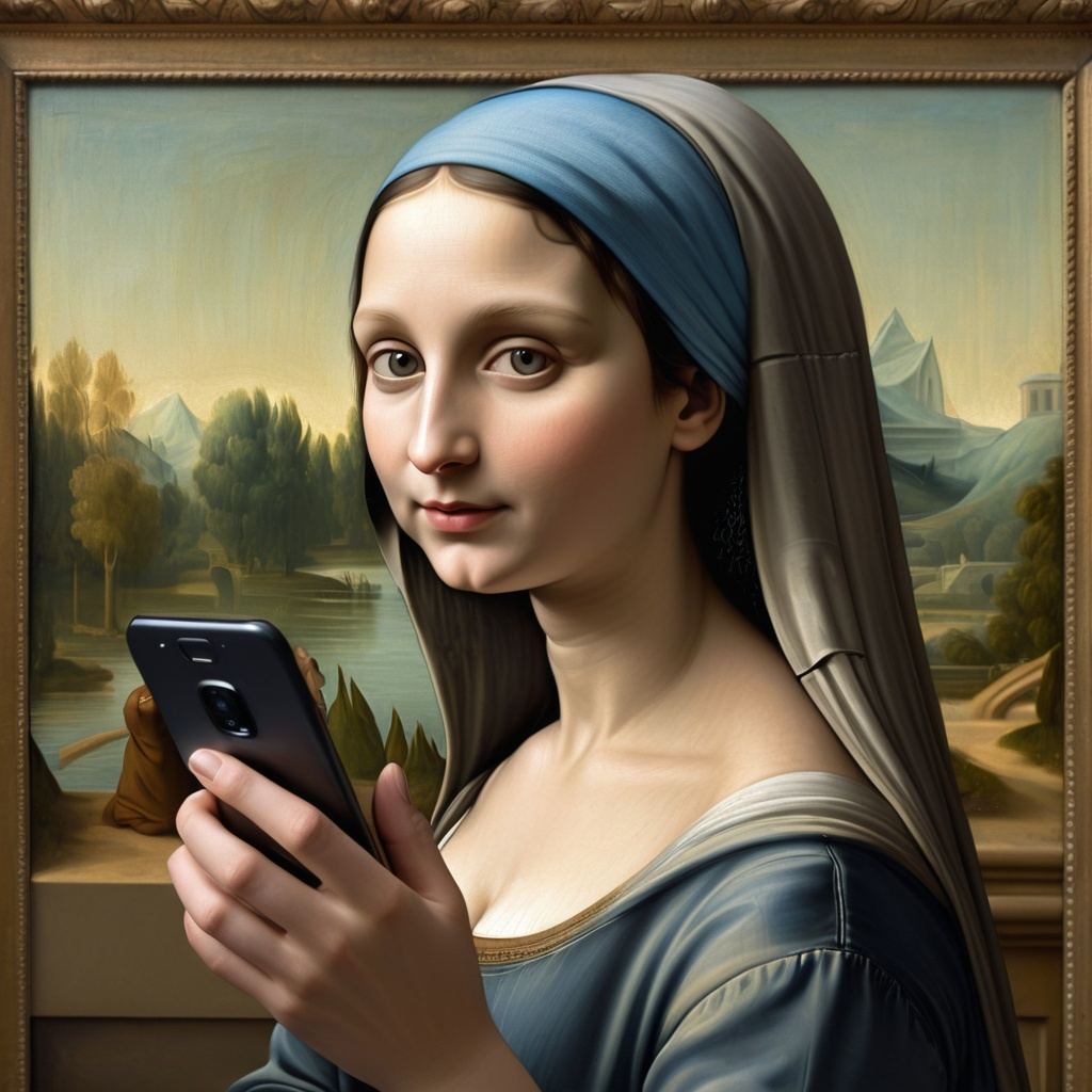 La Gioconda mirando el telefono en la mano
