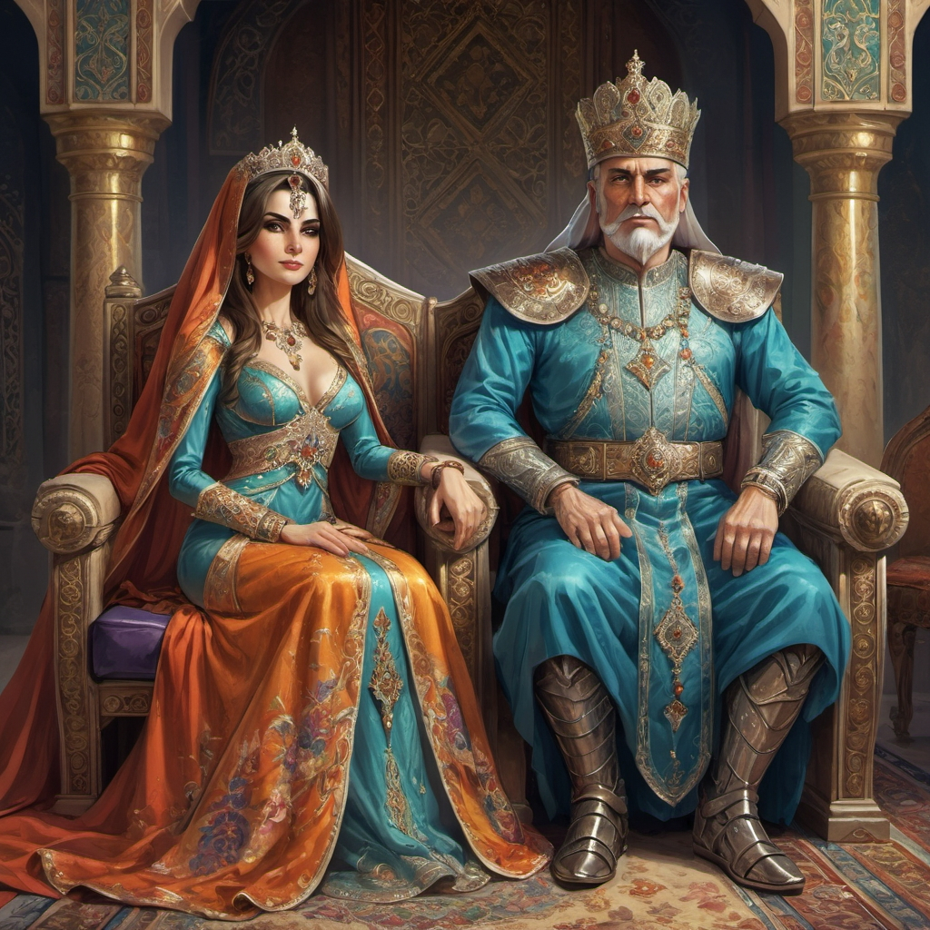 Full body, Fantasy illustration of a persian king a...