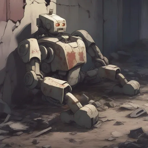 destroyed Robot lying against a wall in an apocalyps...