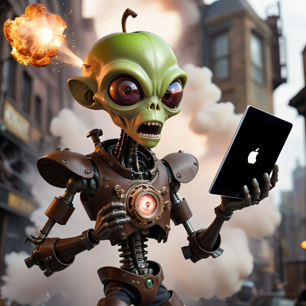 Exploding alien steampunk style holding apple ipad i... | OpenArt