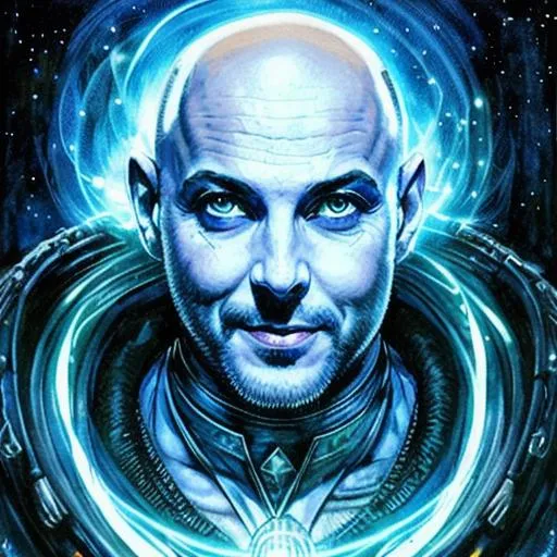bald man with glowing blue colored skin, short, alie... | OpenArt