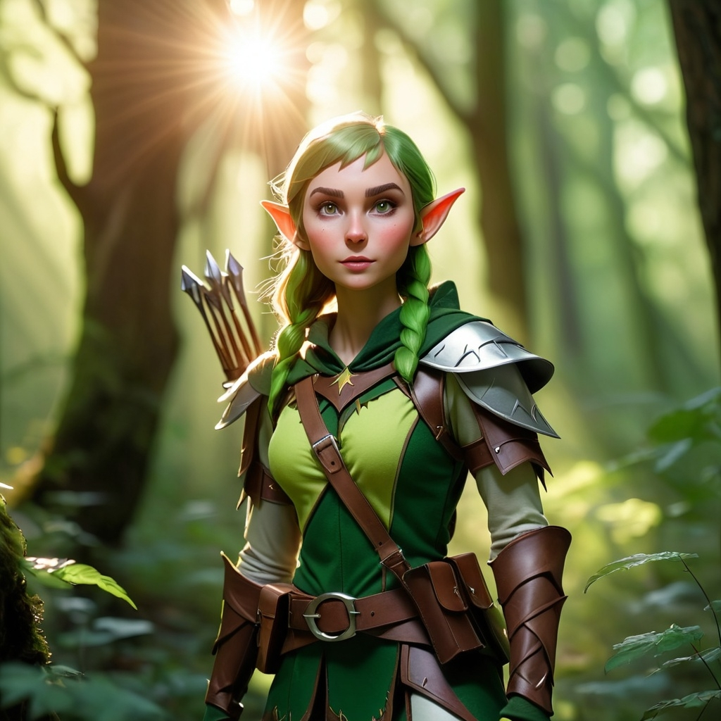 Elf ranger in a mystical forest around sunlight
