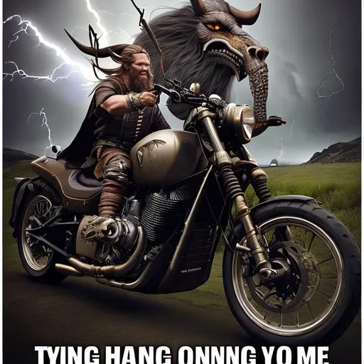 a Viking riding a huge motorcycle towards us with li...