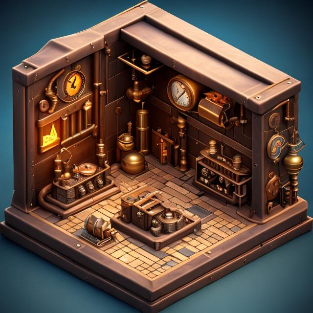 cute isometric steampunk forge and anvil in middle,...