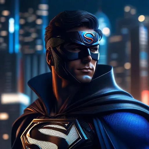 Portrait of {masked Superman ninja} on top of {cyber...