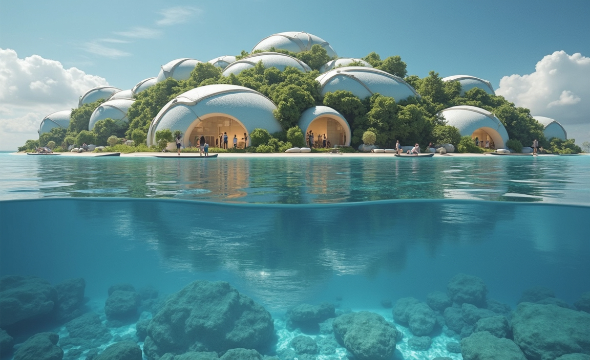 floating dome city, futuristic green geometric dome...