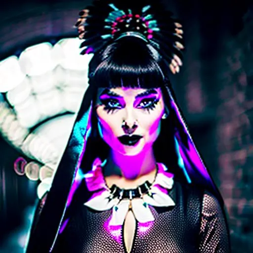 Indigenous goth lady, black and magenta dress, holdi... | OpenArt