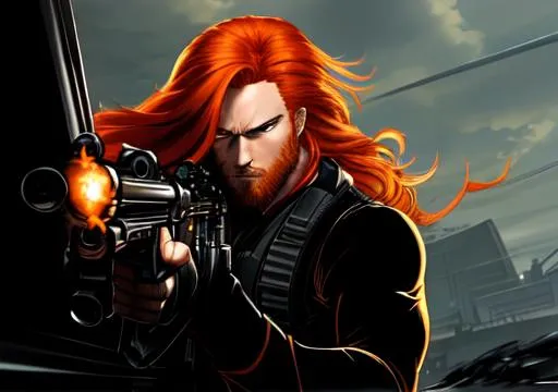comic artstyle, man with guns, long flowing ginger w...