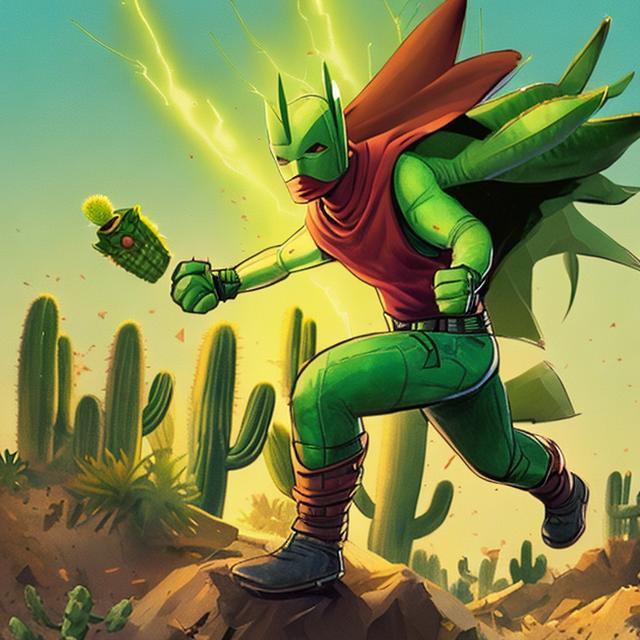 A superhero that got features of a cactus, shooting... | OpenArt