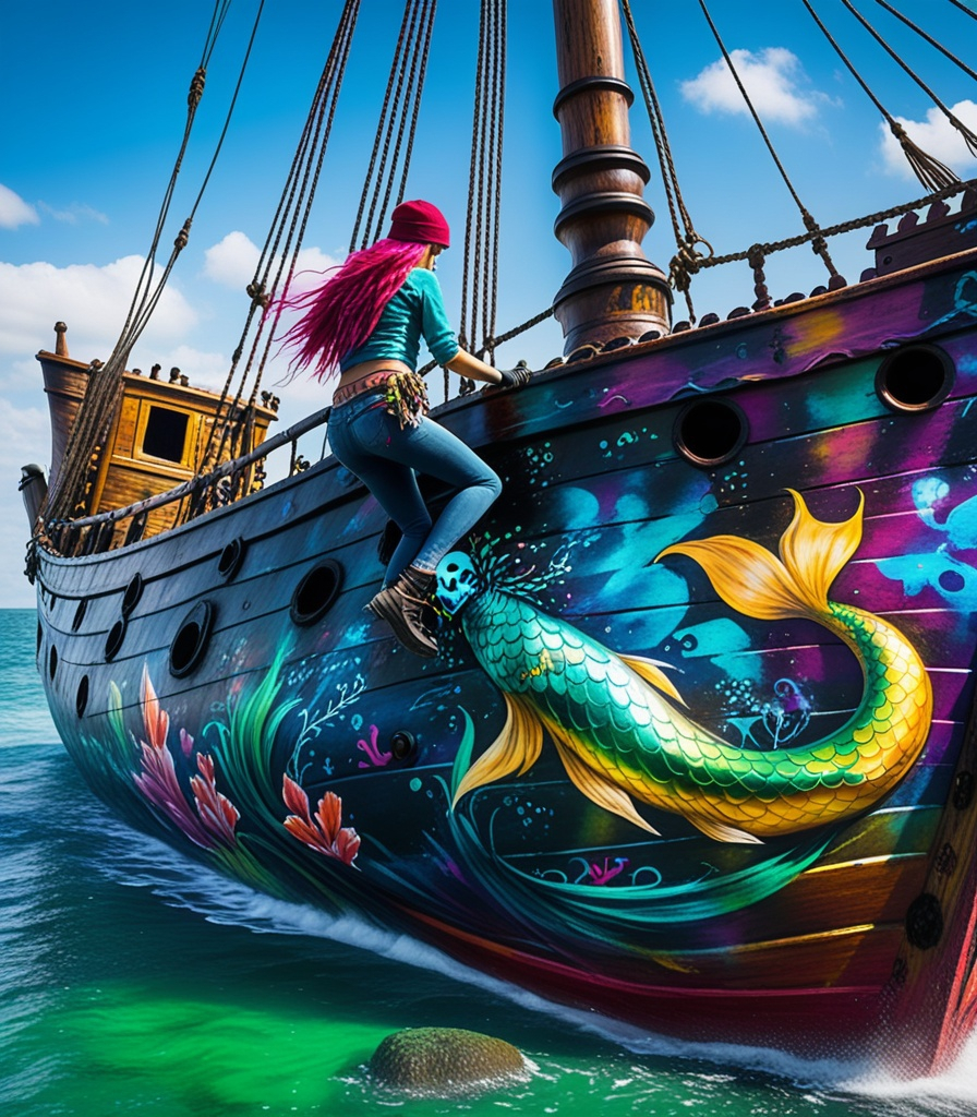 a mermaid is spray painting graffiti onto the hull o...