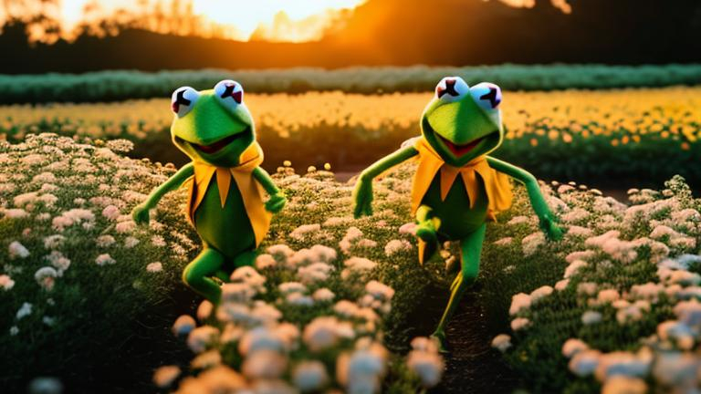 kermit the frog running through the flower field dur...