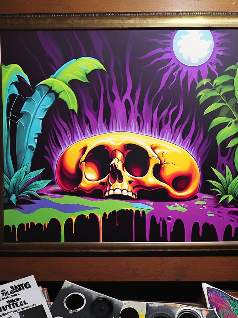 psychedelic print skull, jungle, melting, concert po...