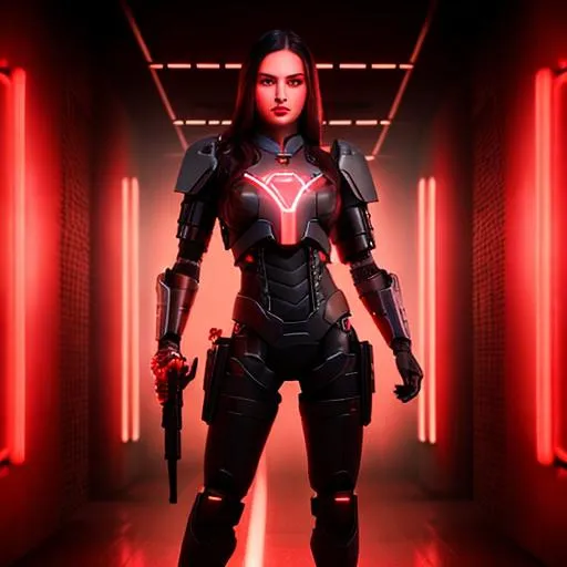 full body shot of a cyborg ,holding a gun, Red and b... | OpenArt