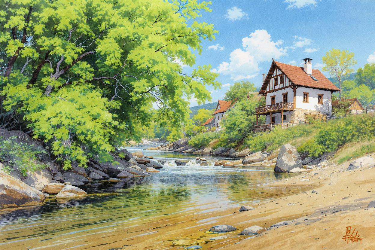 A Country scene A serene river with clear, shallow w...