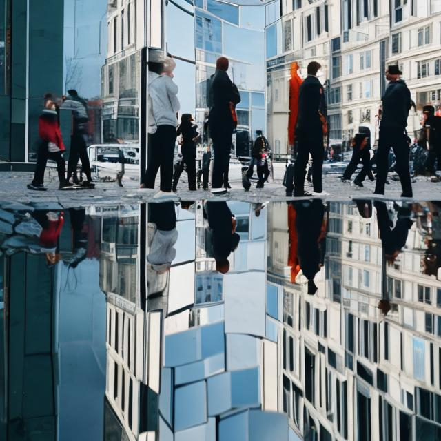 Refelection in distorted mirror of pedestrians