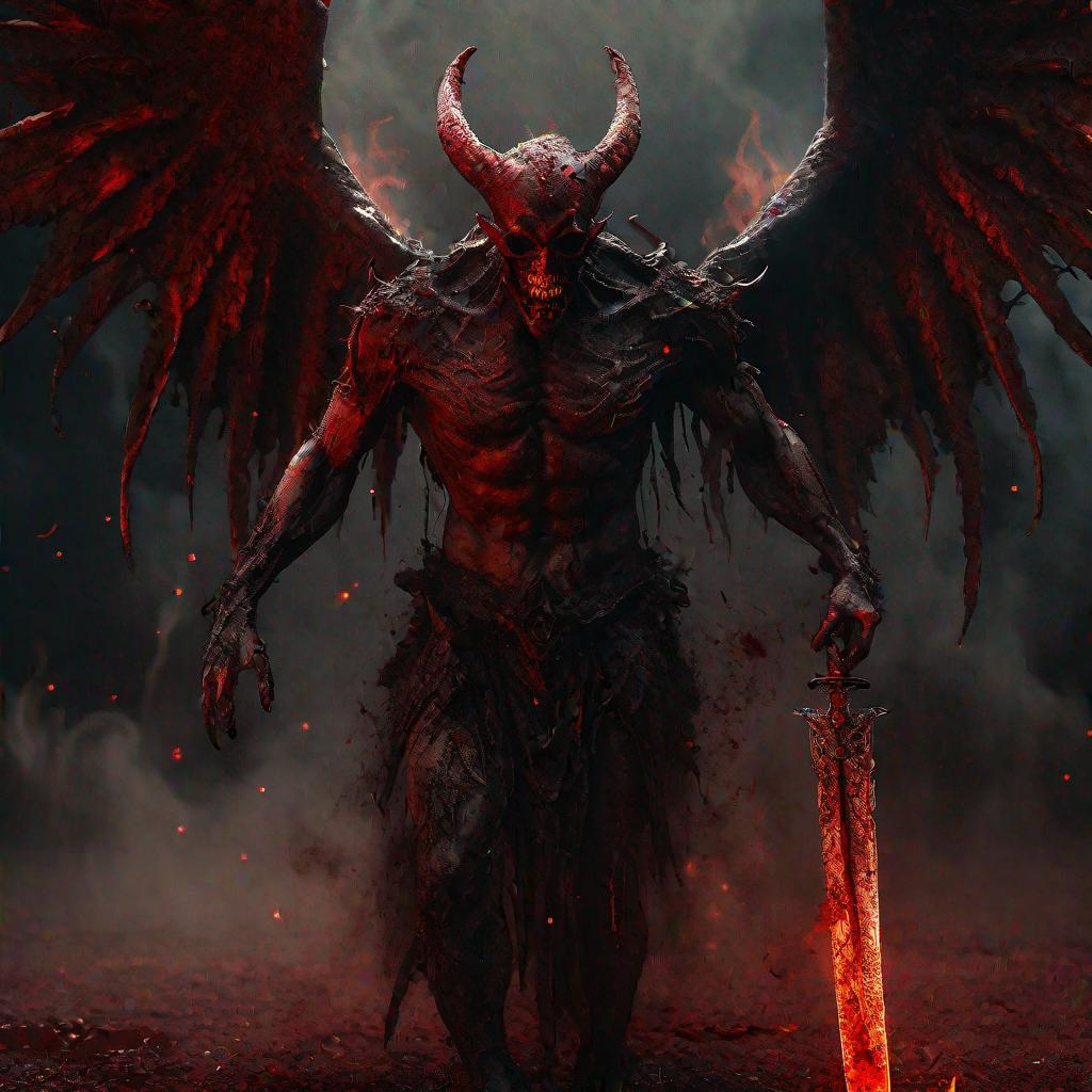 An ancient winged demon, walking, holding a fiery sw...