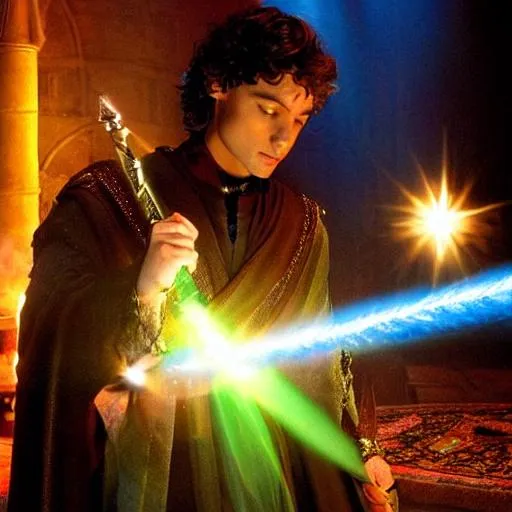 Young Merlin the sorceror. swirling light. | OpenArt