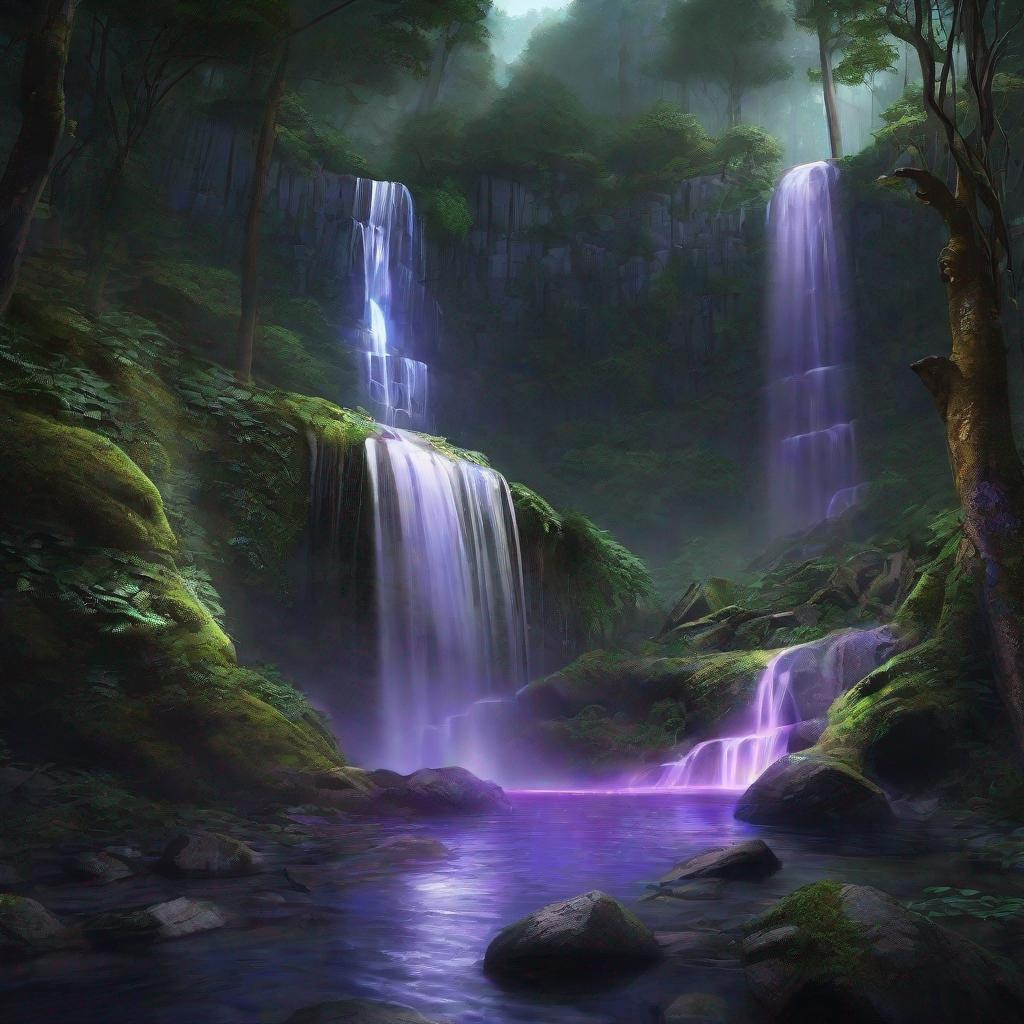 Envision a glowing waterfall in a lush forest