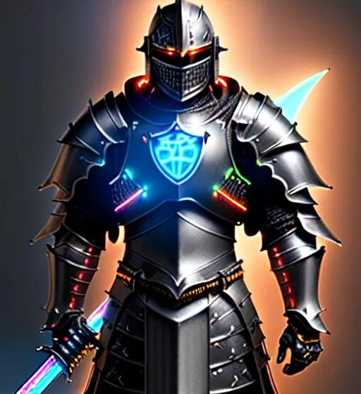 Glowing Knight armour, cyberpunk colours, deep groov...