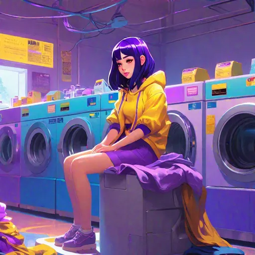 "A girl sitting on top of a washing machine in a lau... | OpenArt