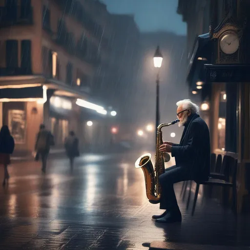 An old man Playing saxophone 🎷on the city street,... | OpenArt