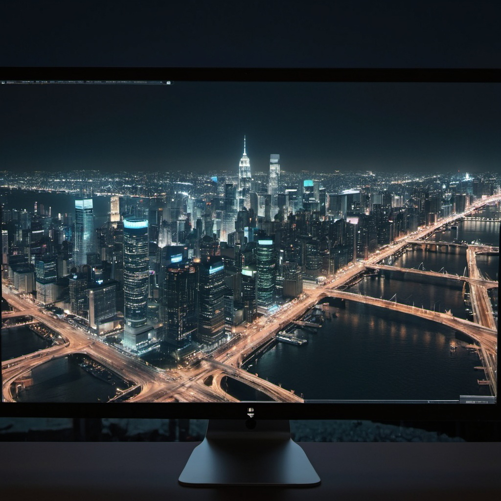 Computer screen showing a big city at night.