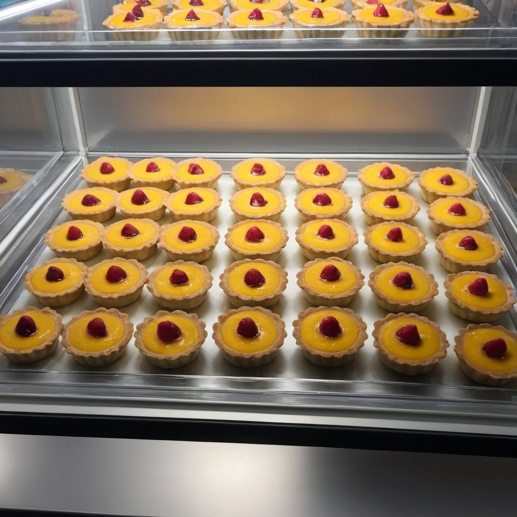 small tart in chiller and on the display tray