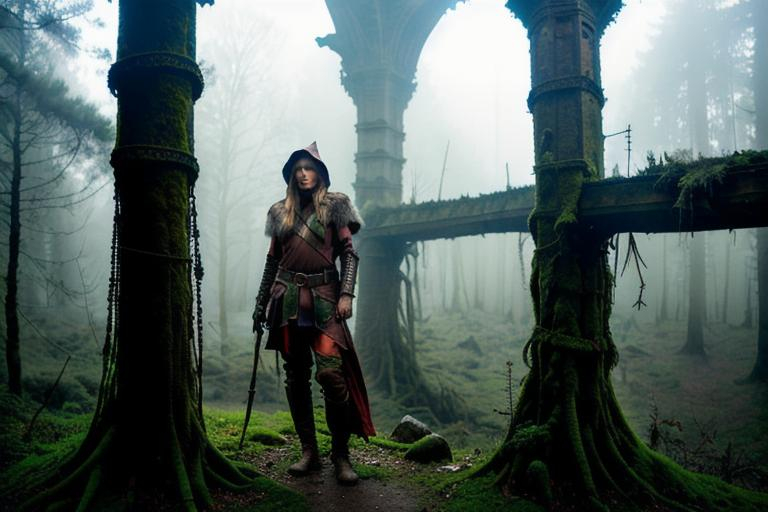 elven hunter wanderer, worn clothes, cloak, leather,... | OpenArt