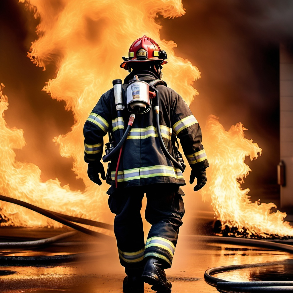 Full-body, realistic photo of a firefighter in actio...