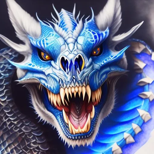 portrait of a roaring blue and white neon skeleton d... | OpenArt