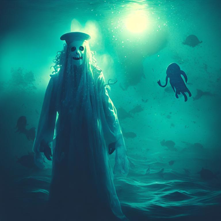 Ghost of an old sailor under the sea at midnight