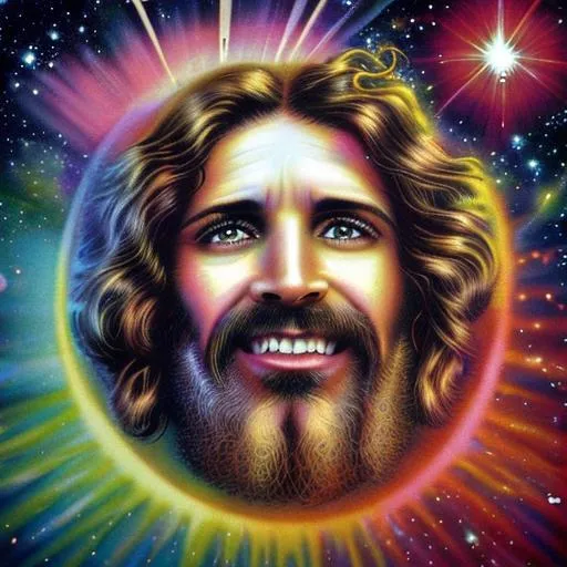 Anime illustration, stoic jesus hippie meets his ref...