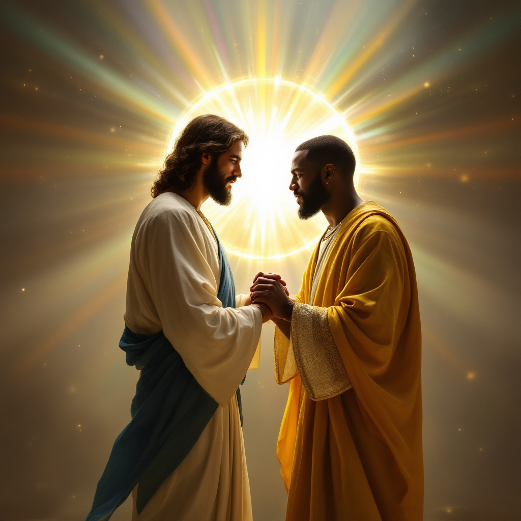 Full body scene, Jesus and black man shacking hands,...
