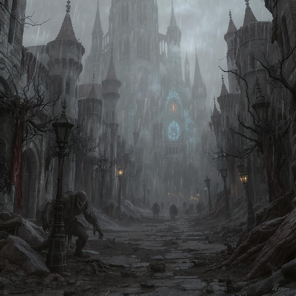 a old fantasy city with ash and mist falling on the...