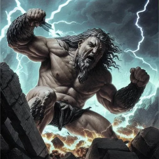 Ancient Man raging causing destruction dark chaos