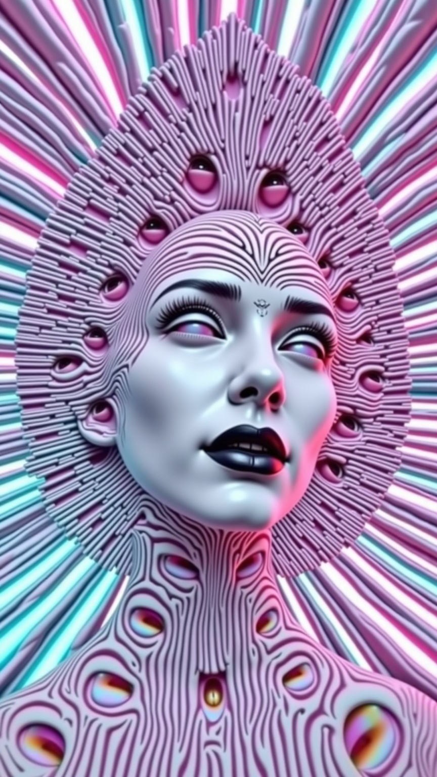 Cyberpunk psychedelic goddess with many smiling face...