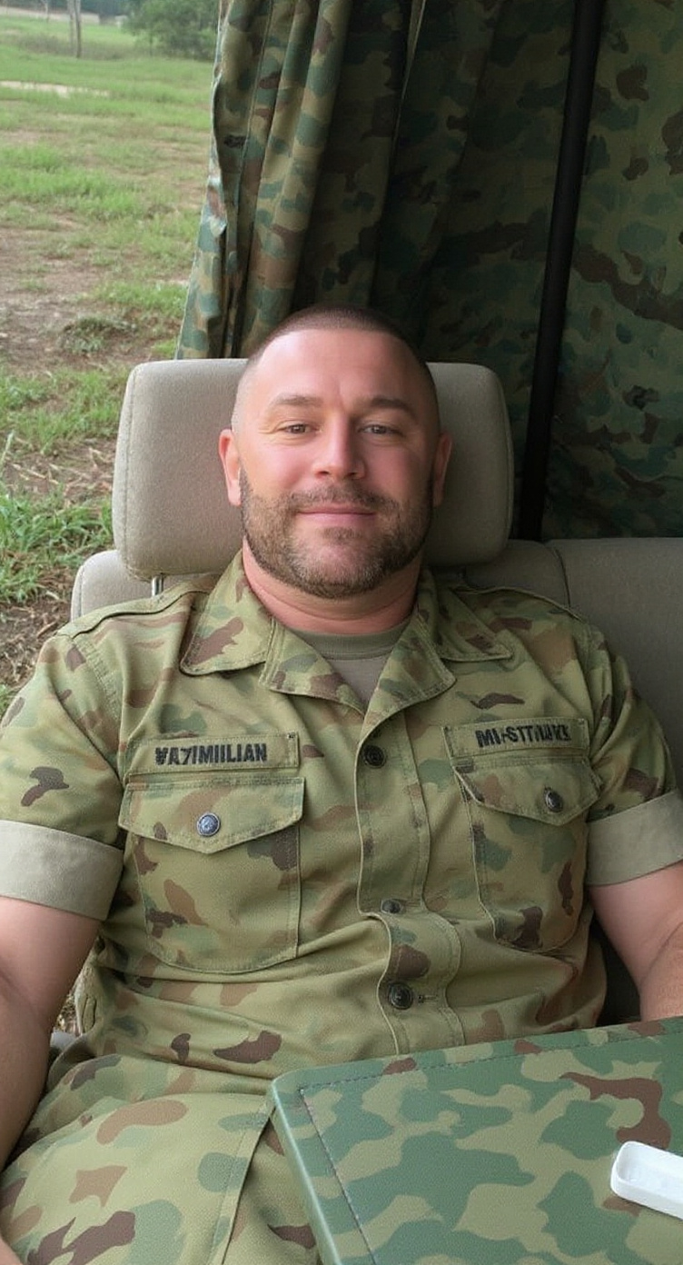A man is laying in bed on militants uniform inside t...